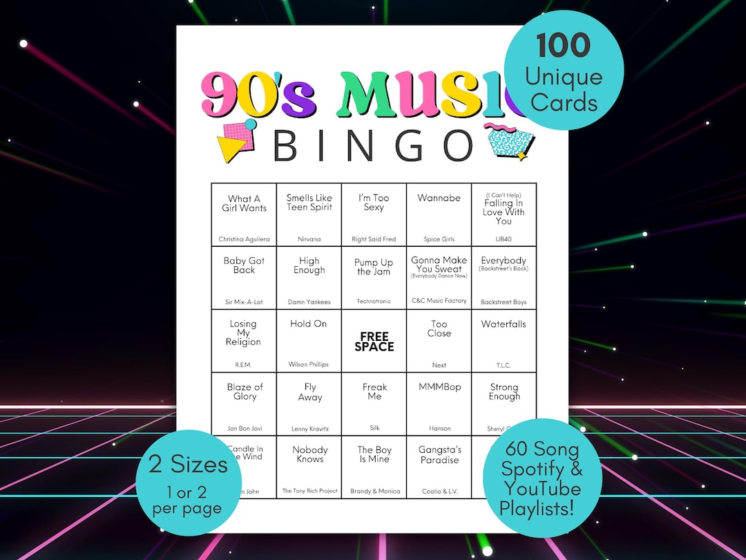 90s Music Bingo, 1990s Bingo Cards, 90s Party Game, 90s Music Spotify ...