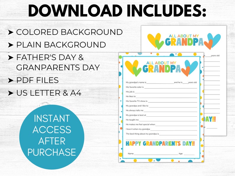 All About My Grandpa Printable, Grandpa Father's Day Gift, All About ...