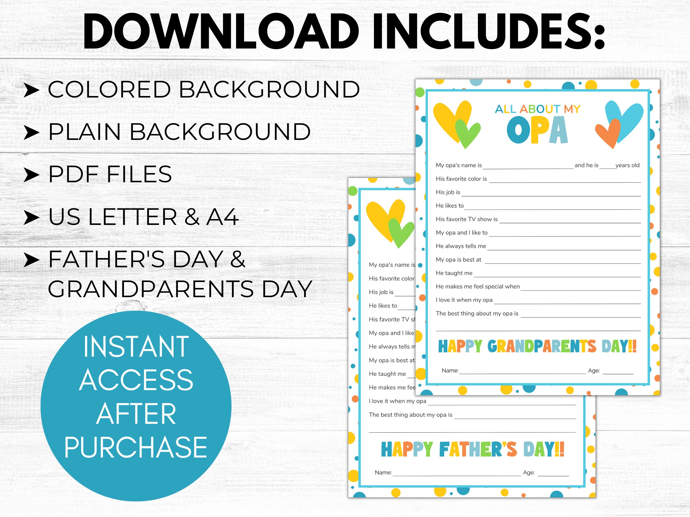 All About My Opa Printable, Grandpa Father's Day Gift, All About ...