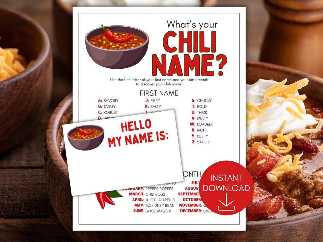 What's Your Chili Name Game, Chili Cookoff Party Game, Chili Cook-off ...