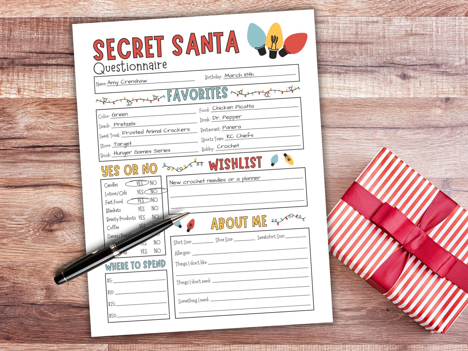 Printable Secret Santa Questionnaire, Secret Santa Survey, Editable ...