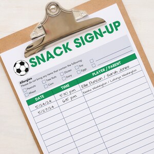 Soccer Snack Sign up Sheet, Soccer Snack Schedule Template, Team Mom ...