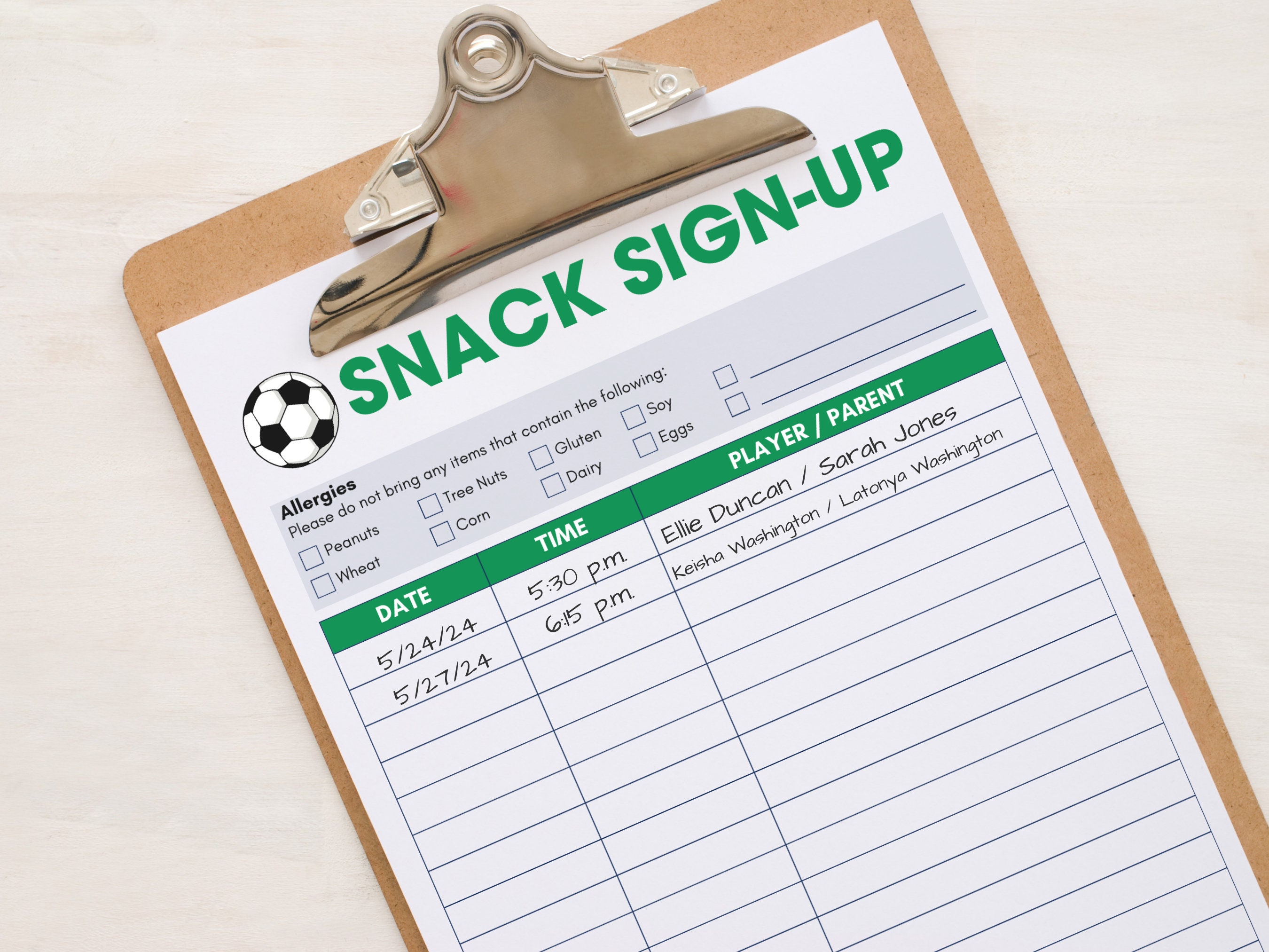 Soccer Snack Sign up Sheet, Soccer Snack Schedule Template, Team Mom ...