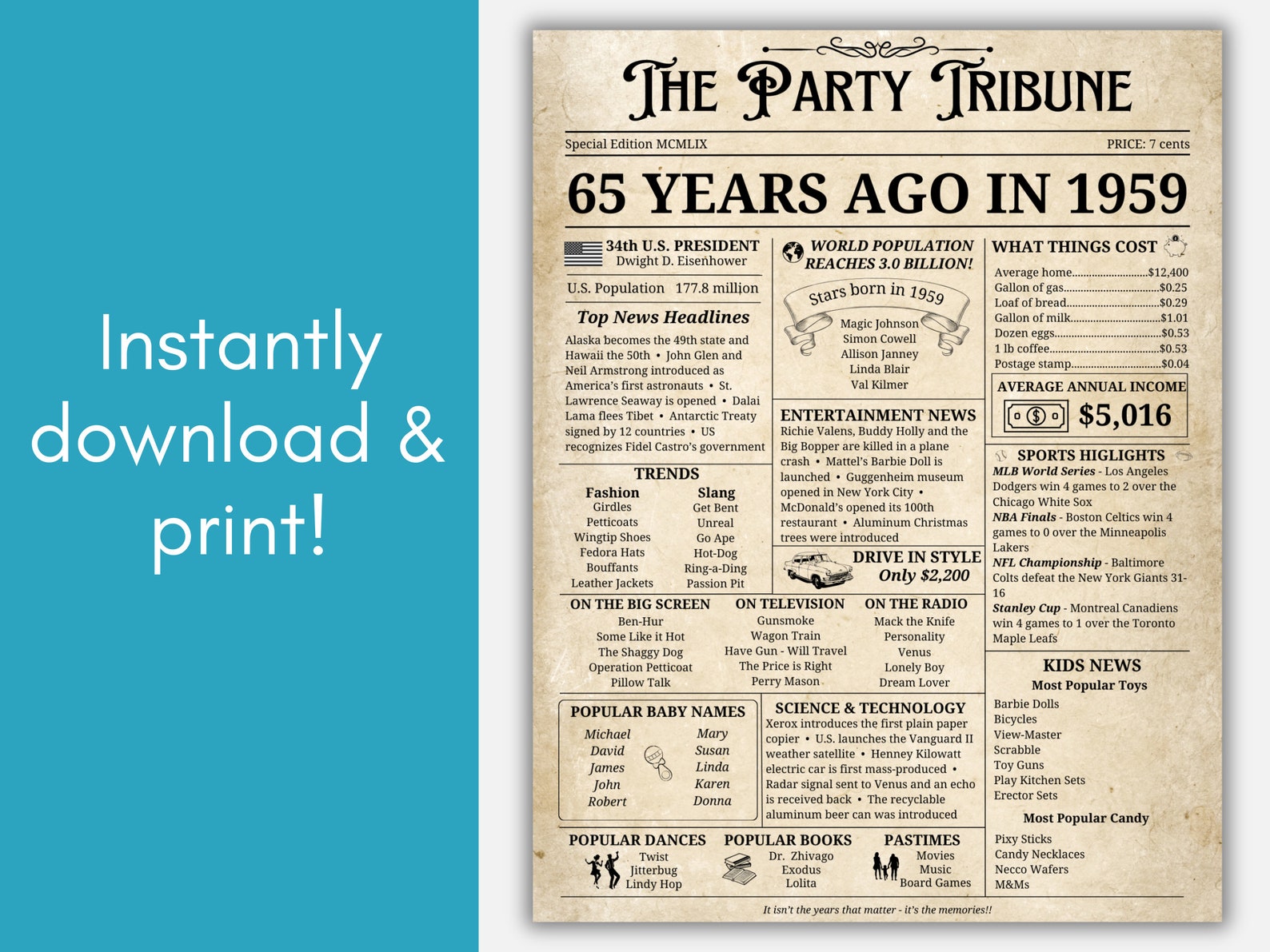 1959 Birthday Poster, 65th Birthday Newspaper, 1959 Newspaper Sign ...