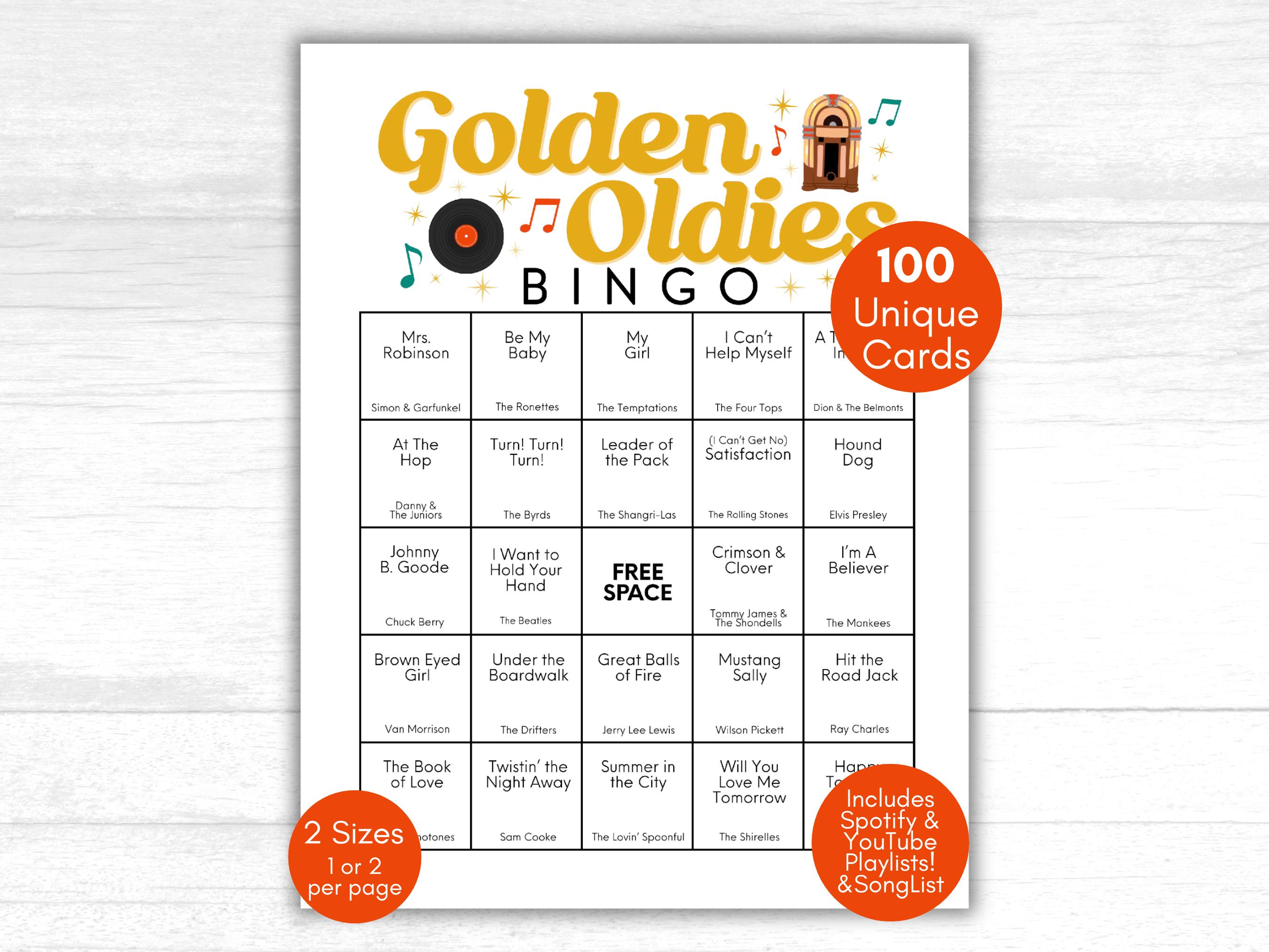 Golden Oldies Bingo, Golden Oldies Music Bingo, 50s Retro Bingo, 60s ...