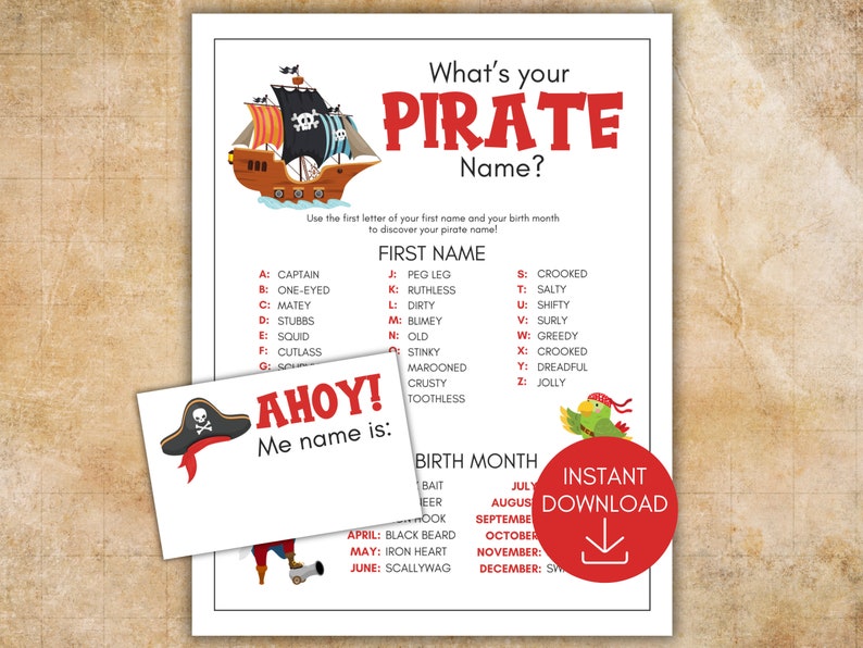 What's Your Pirate Name Game With Sign and Name Tags, Pirate Birthday ...