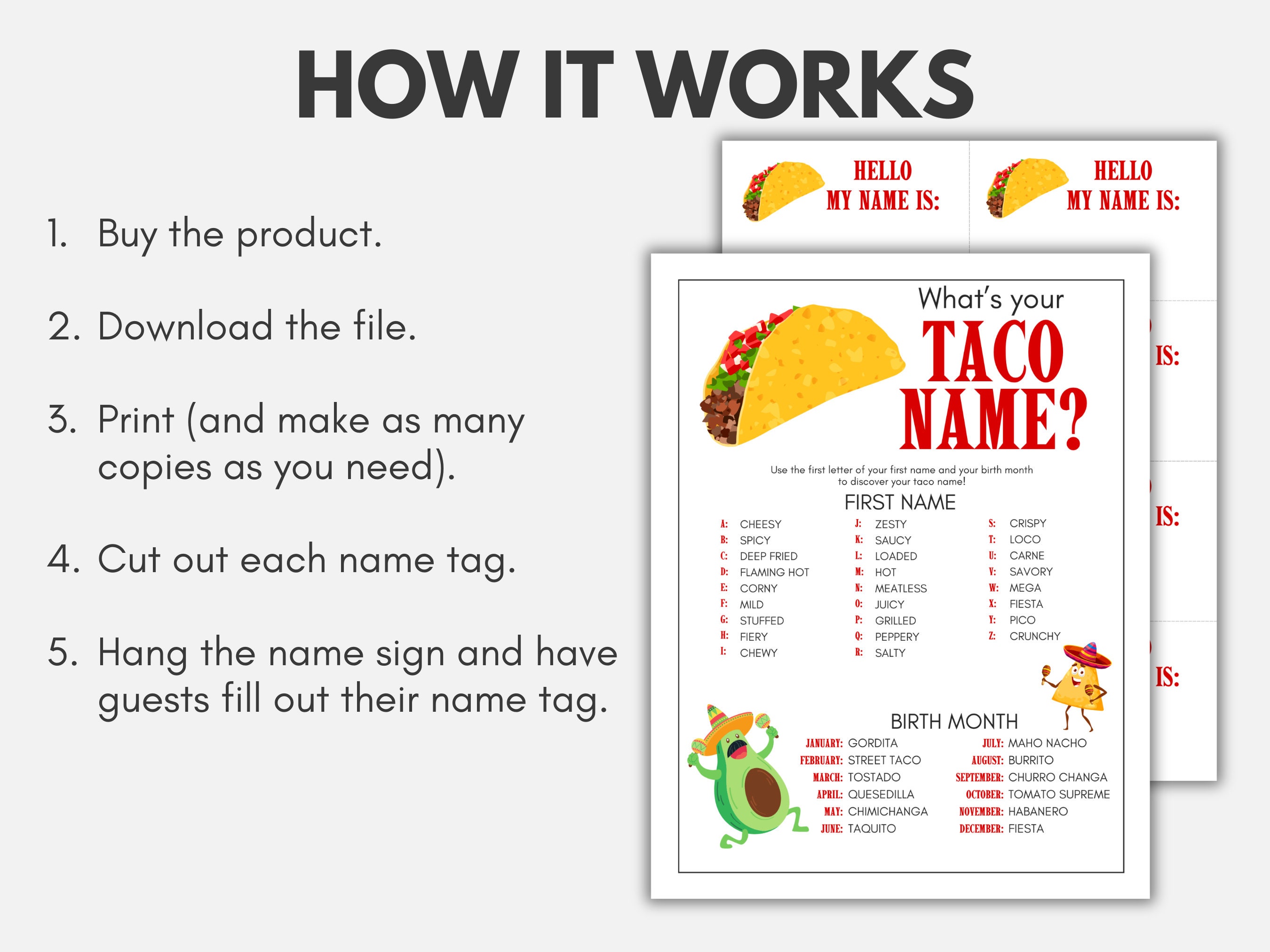 What's Your Taco Name Game, Taco Name Game With Sign and Nametags, Taco ...