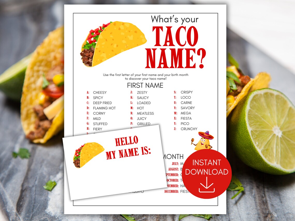 What's Your Taco Name Game, Taco Name Game With Sign and Nametags, Taco ...