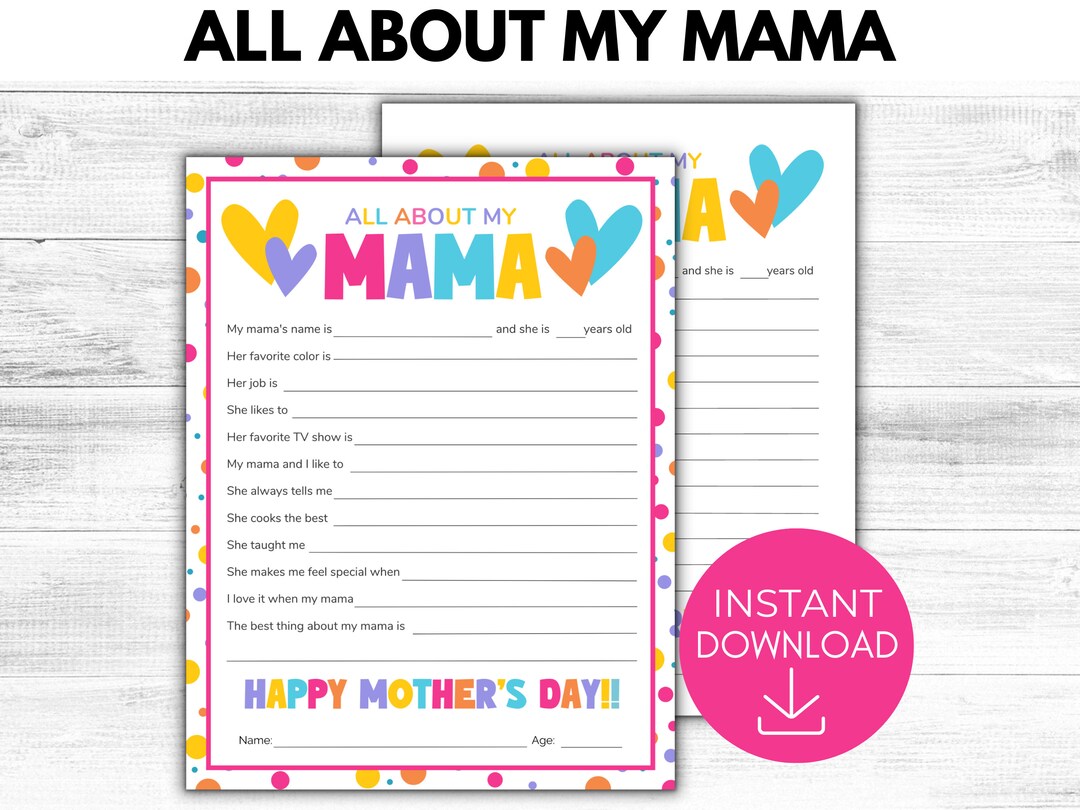 All About My Mama Printable, Mother's Day Gift, All About Mom Keepsake ...