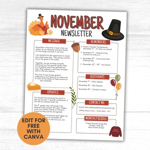 November Classroom Newsletter Template, Thanksgiving Classroom ...