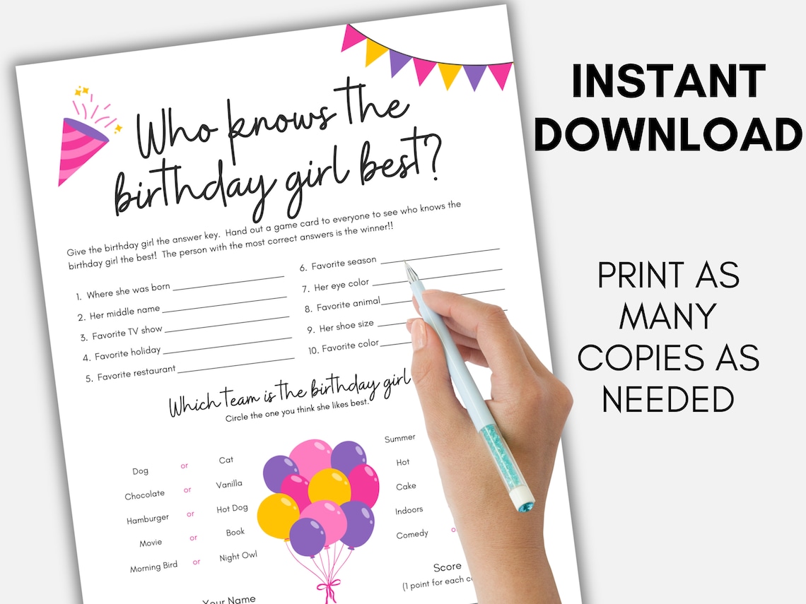 Who Knows the Birthday Girl Best, Birthday Quiz, Birthday Questionnaire ...