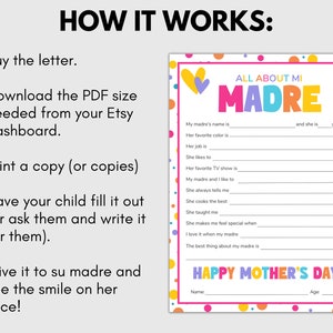 All About Mi Madre Printable, Mother's Day Gift, All About Mom Keepsake ...