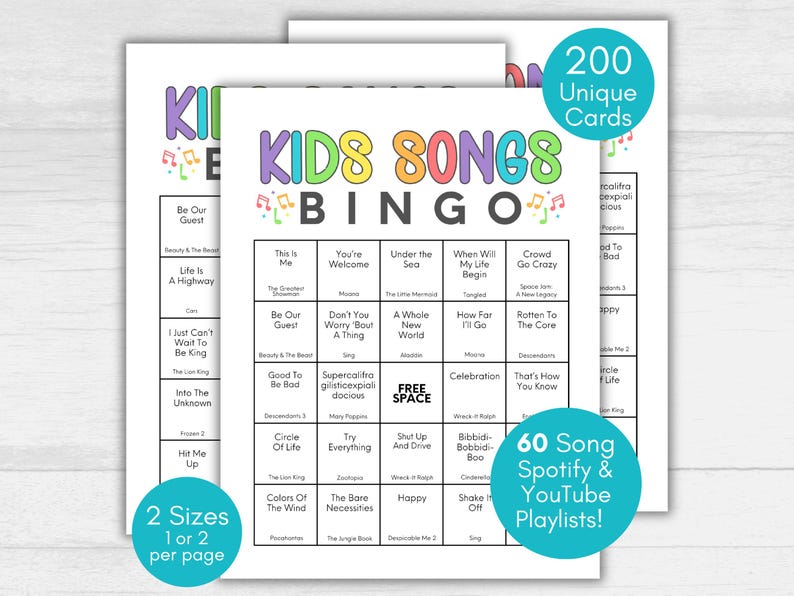 Kids Songs Bingo, 200 Bingo Cards, Kids Music Bingo, Kids Movie Songs ...