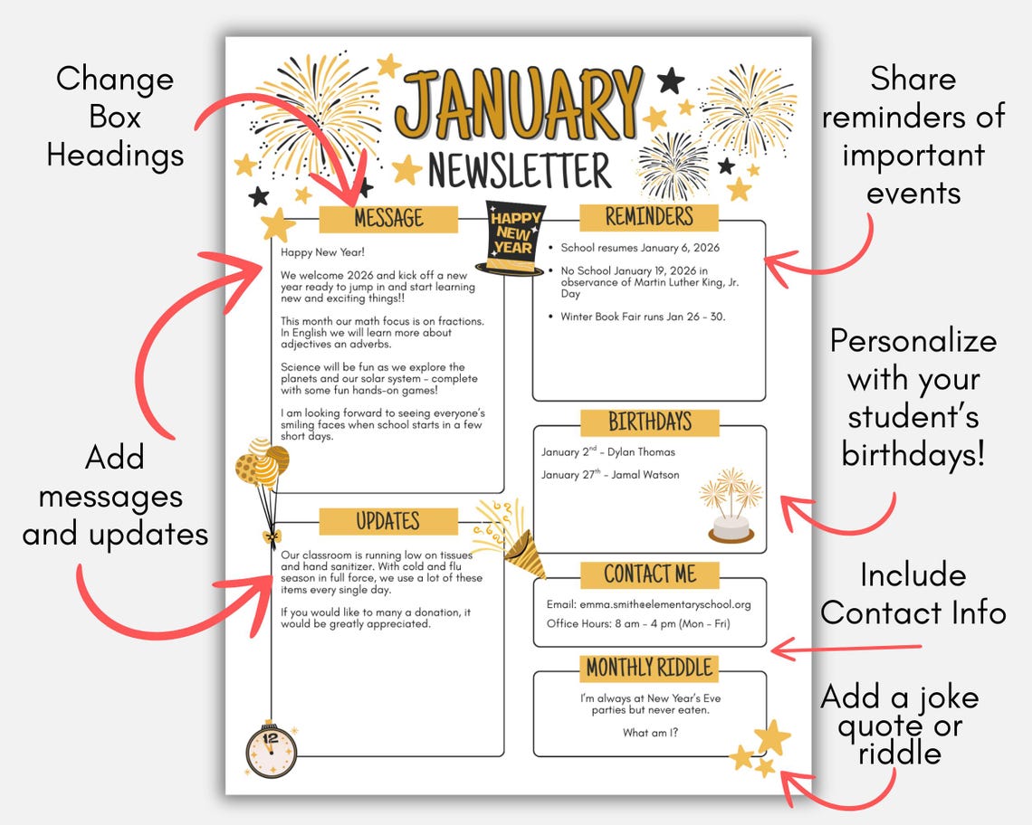 January Classroom Newsletter Template, New Year's Classroom Newsletter ...
