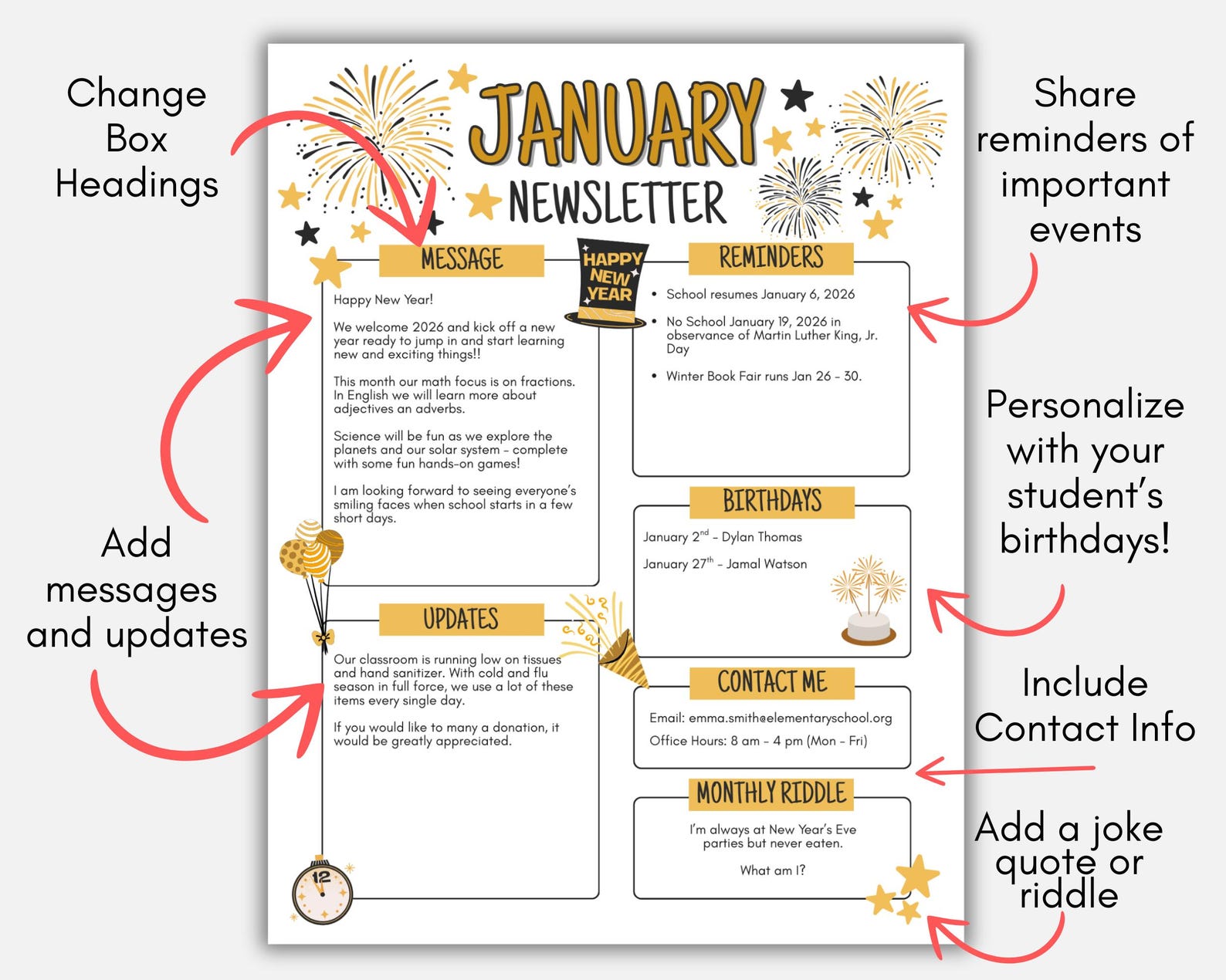 January Classroom Newsletter Template, New Year's Classroom Newsletter ...