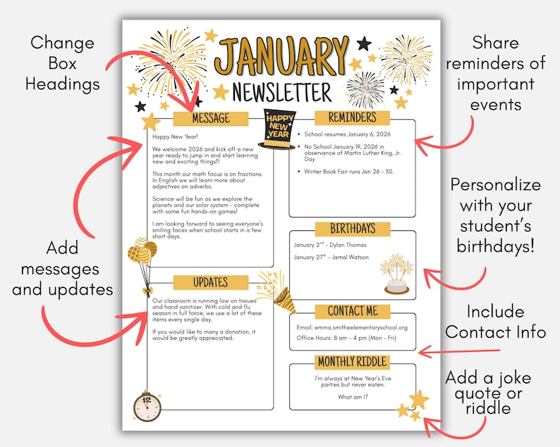 January Classroom Newsletter Template, New Year's Classroom Newsletter ...