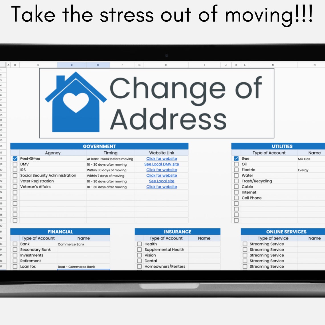 Change of Address Checklist, Moving Spreadsheet, Moving Change of ...