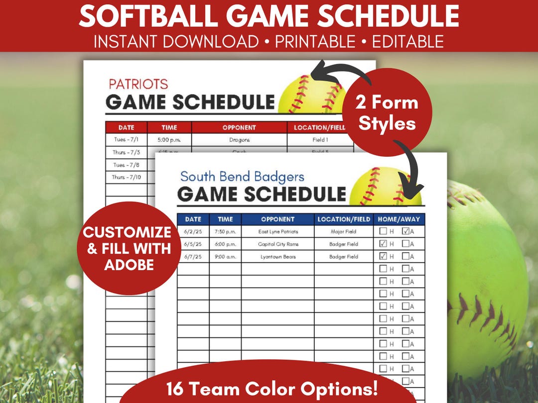 Editable Softball Schedule, Softball Game Schedule Template, Game and ...