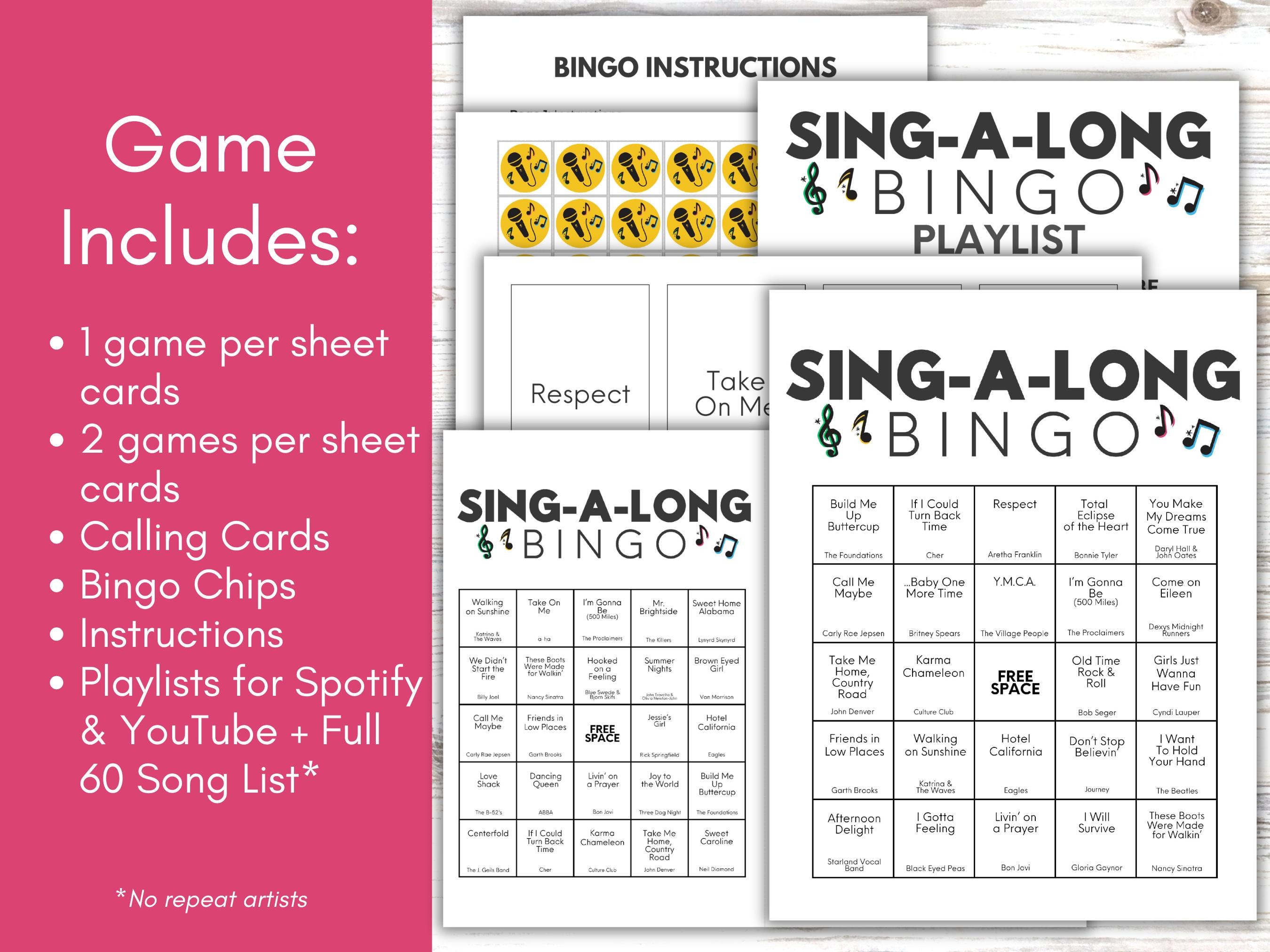Sing-a-long Music Bingo, Sing a Long Bingo, Music Bingo Cards With ...