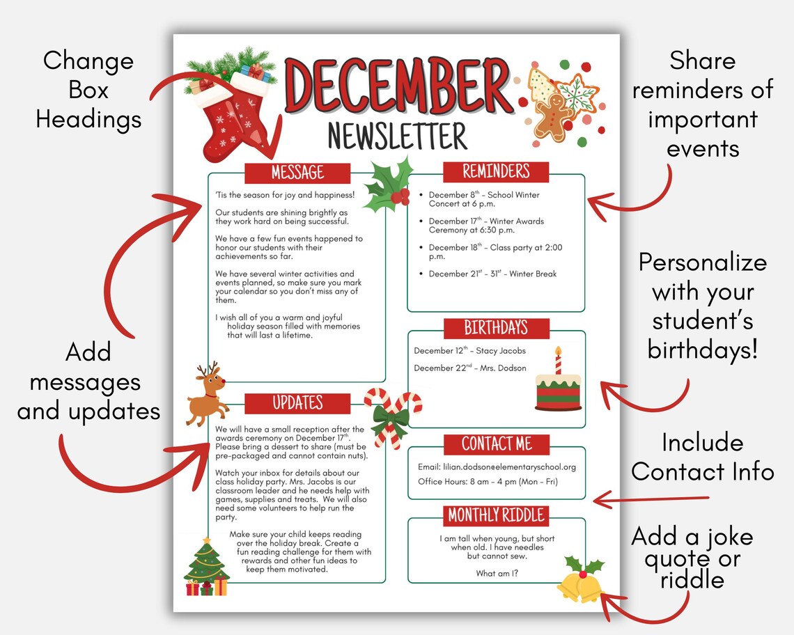 December Classroom Newsletter Template, Christmas Classroom Newsletter ...