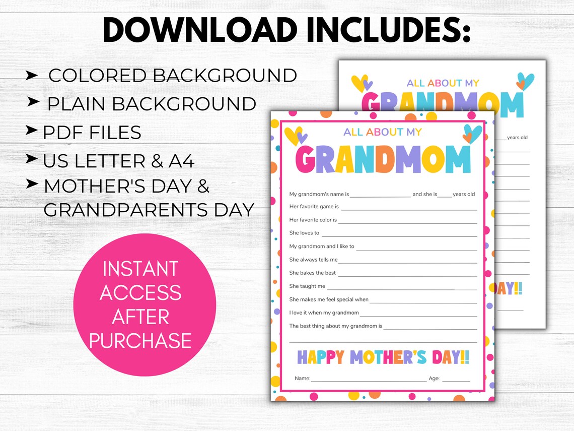 All About My Grandmom Printable, Grandma Mother's Day Gift, All About ...
