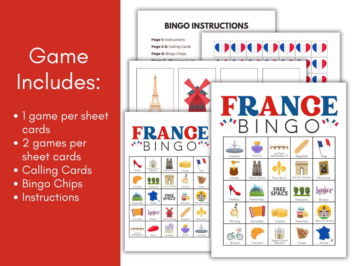 France Bingo, France Bingo Cards Printable Game, Paris France Travel ...