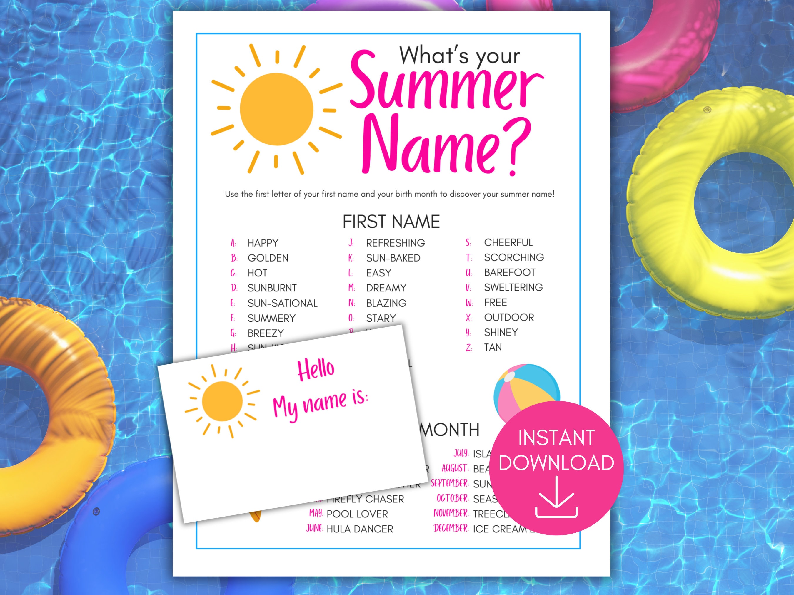 What's Your Summer Name Game With Sign and Name Tags, Summer Name ...