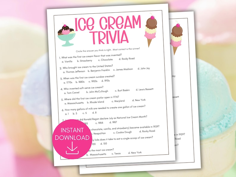 Ice Cream Trivia Game, Printable Ice Cream Party Game, Summer Activity ...