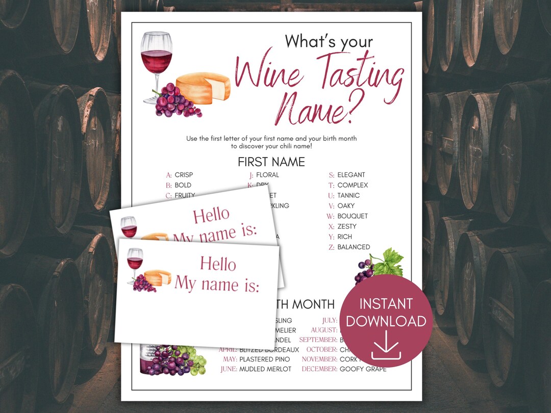 What's Your Wine Name Game, Name Game With Nametags and Sign, Wine ...