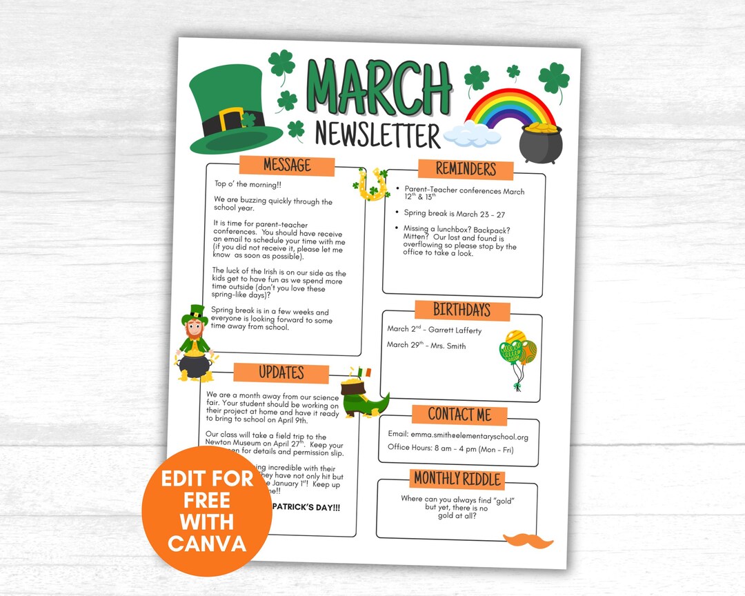 March Classroom Newsletter Template, St. Patrick's Day Classroom ...