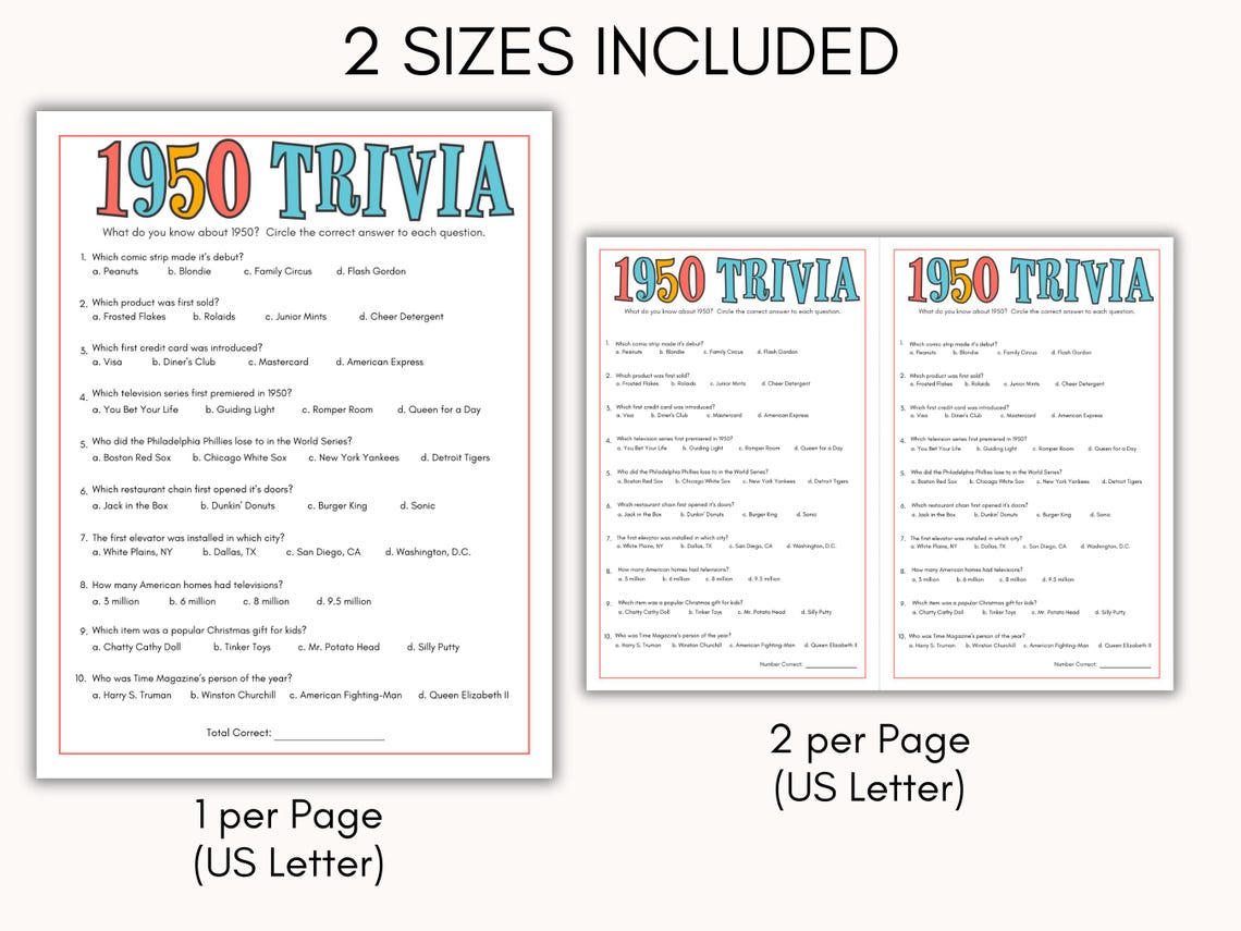 1950 Trivia Game, 75th Birthday Game, 1950s Party Trivia Game, Fun ...