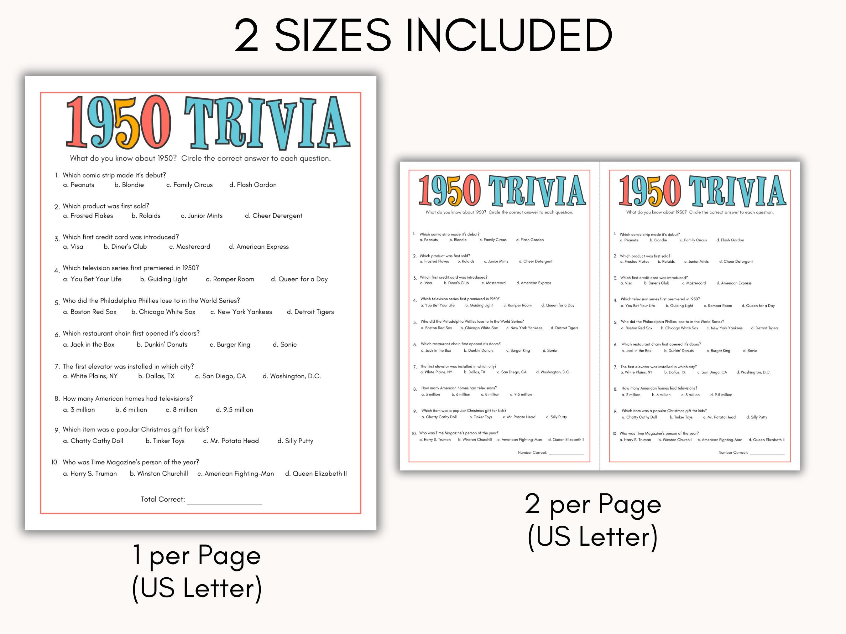 1950 Trivia Game, 75th Birthday Game, 1950s Party Trivia Game, Fun ...