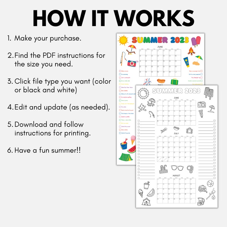 Printable Summer Calendar Poster Summer Bucket List Summer - Etsy