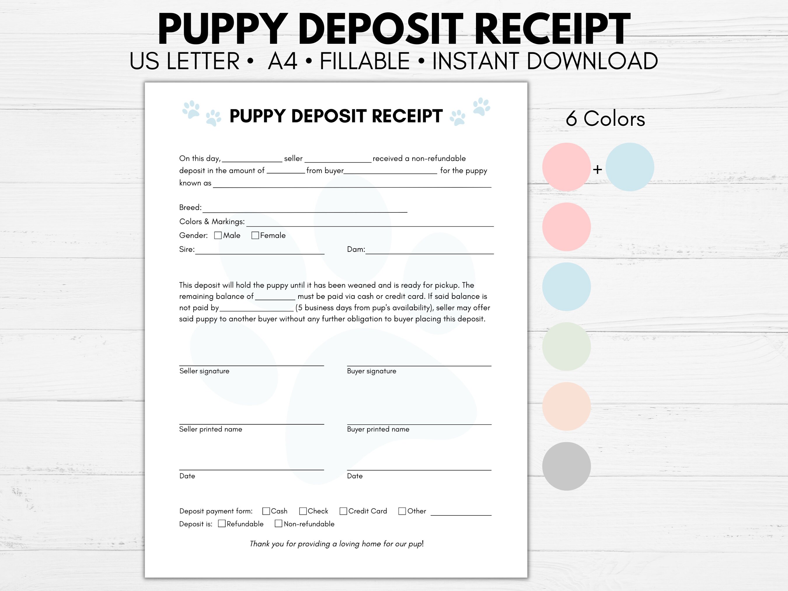 Puppy Deposit Receipt, Dog Breeder Forms, Fillable Puppy Deposit Form ...