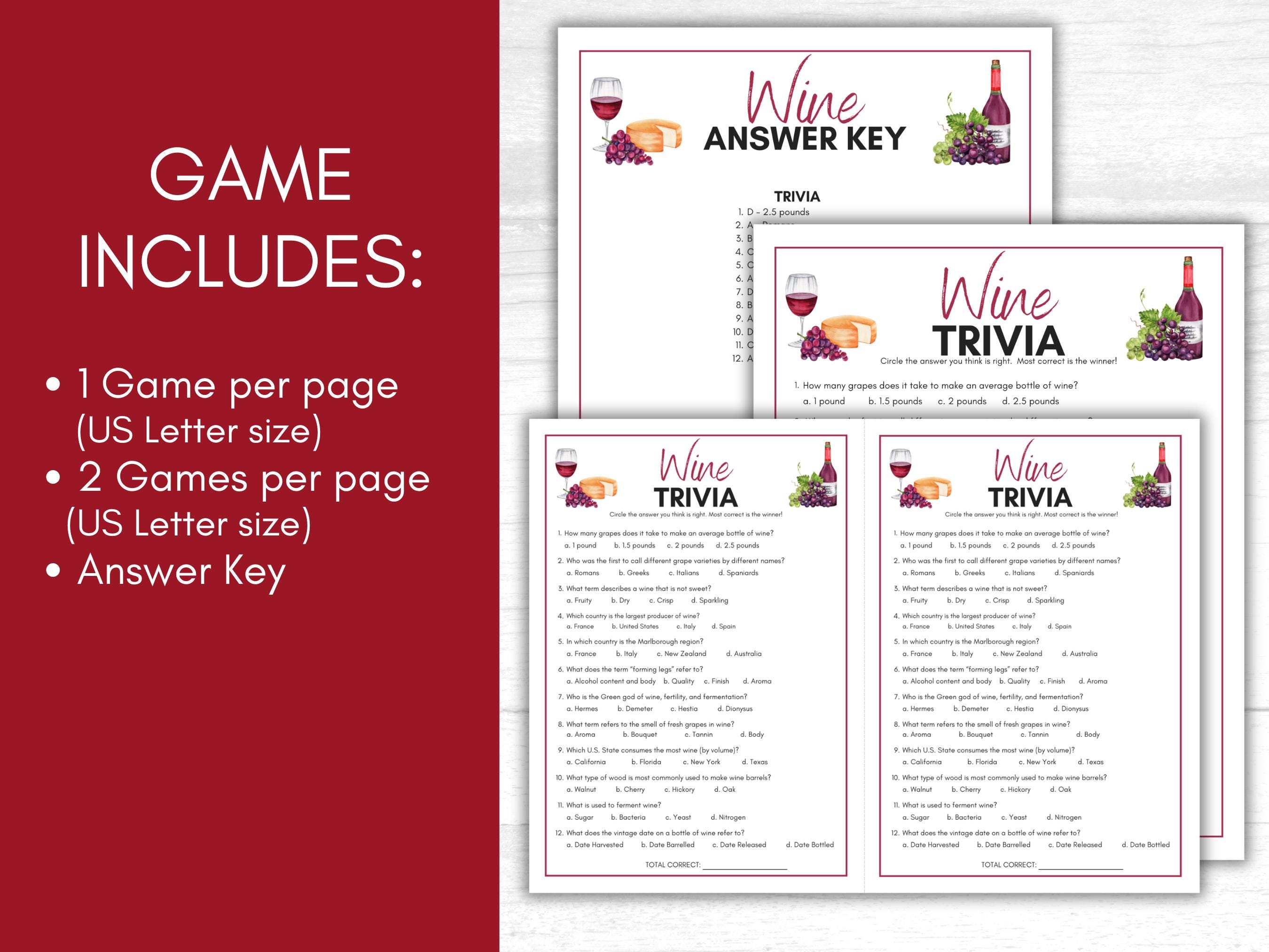 Wine Trivia Game, Printable Wine Tasting Party Game, Wine & Cheese ...