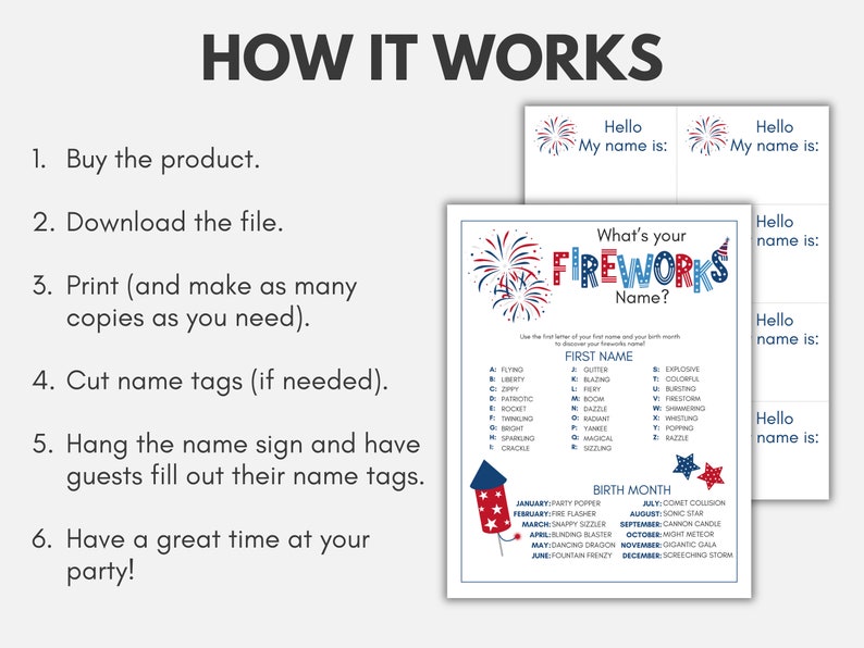 What's Your Fireworks Name Game With Nametags and Sign, July 4th Games ...