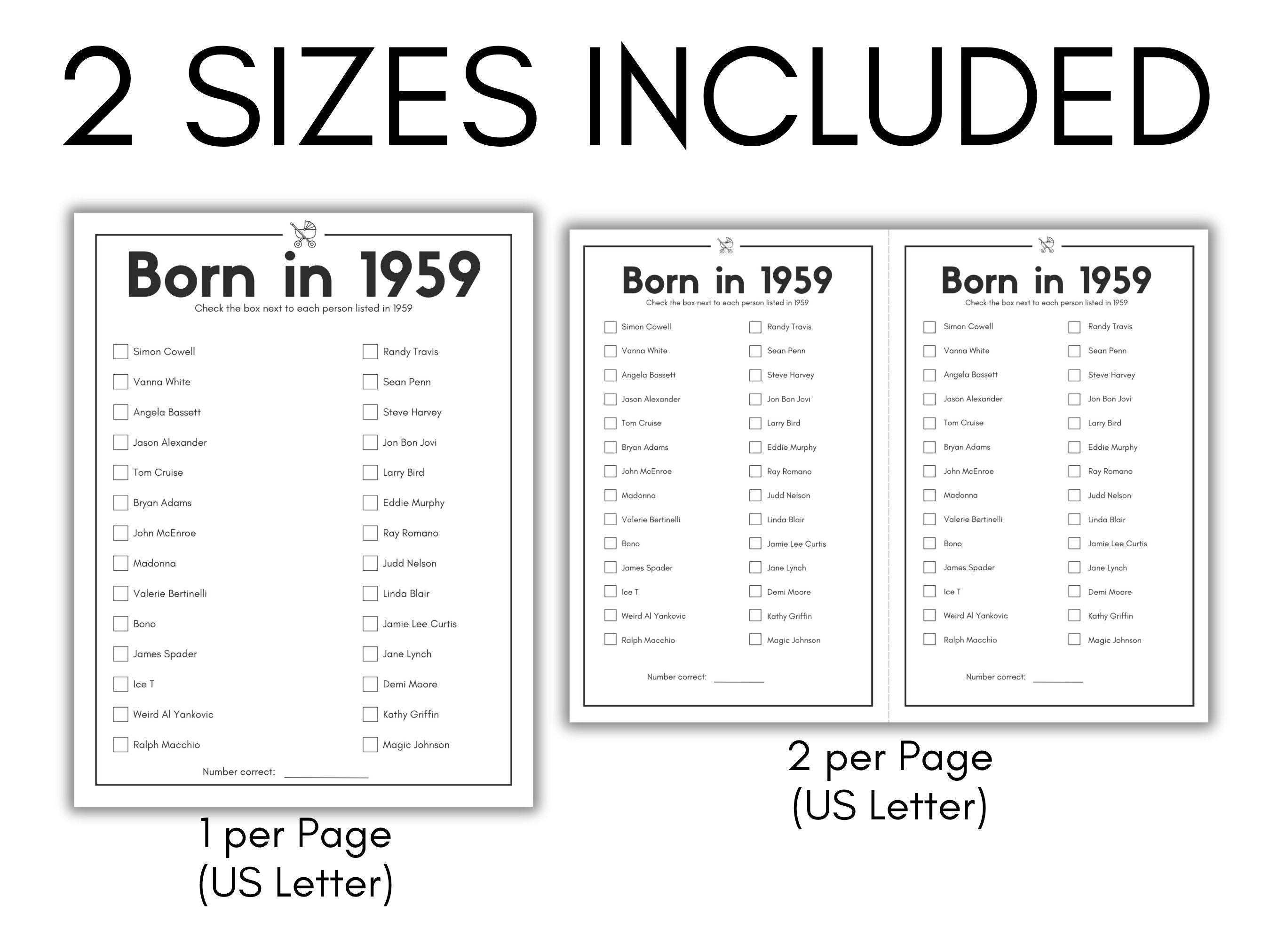 65th Birthday Party Games, Born in 1959 Game, 65th Birthday Games, 1959 ...
