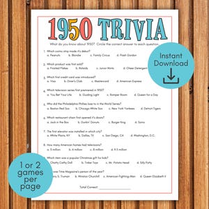 1950 Trivia Game, 75th Birthday Game, 1950s Party Trivia Game, Fun ...