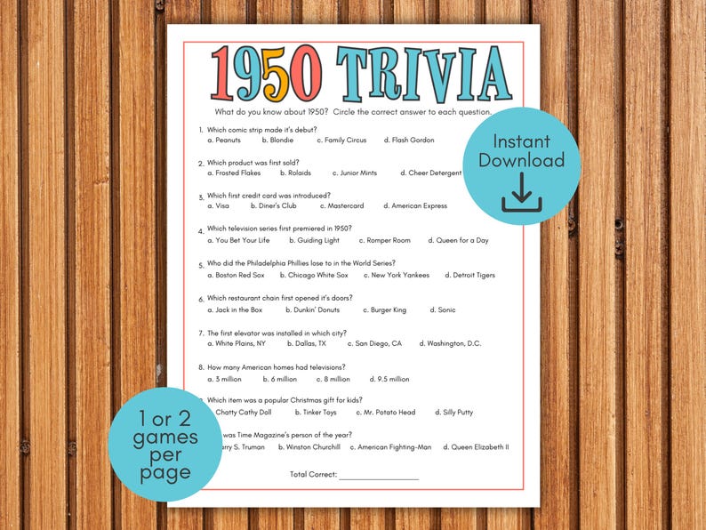 1950 Trivia Game, 75th Birthday Game, 1950s Party Trivia Game, Fun ...