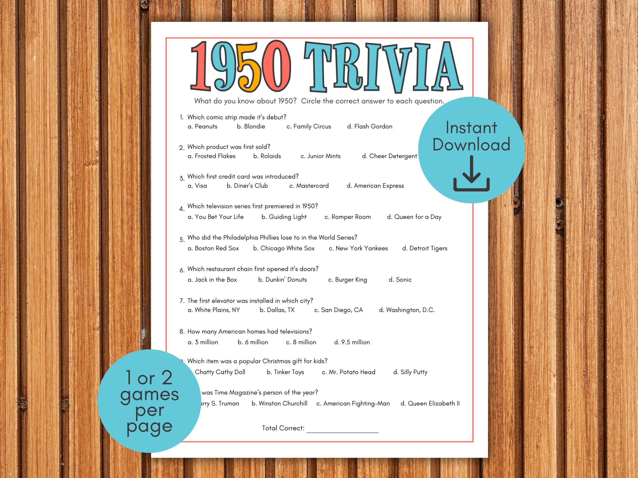 1950 Trivia Game, 75th Birthday Game, 1950s Party Trivia Game, Fun ...