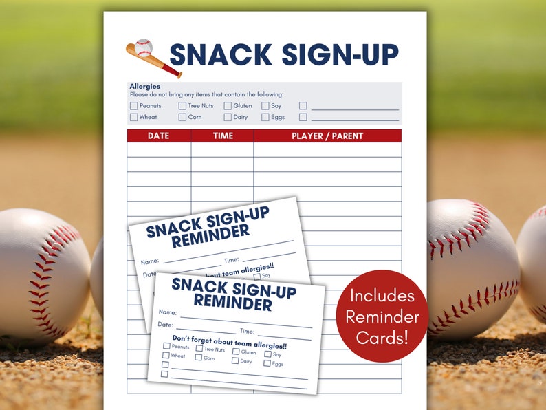 Baseball Snack Sign up Sheet, Baseball Snack Schedule Template, Tball ...