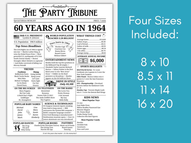 1964 Birthday Poster, 60th Birthday Newspaper, 1964 Newspaper Sign ...