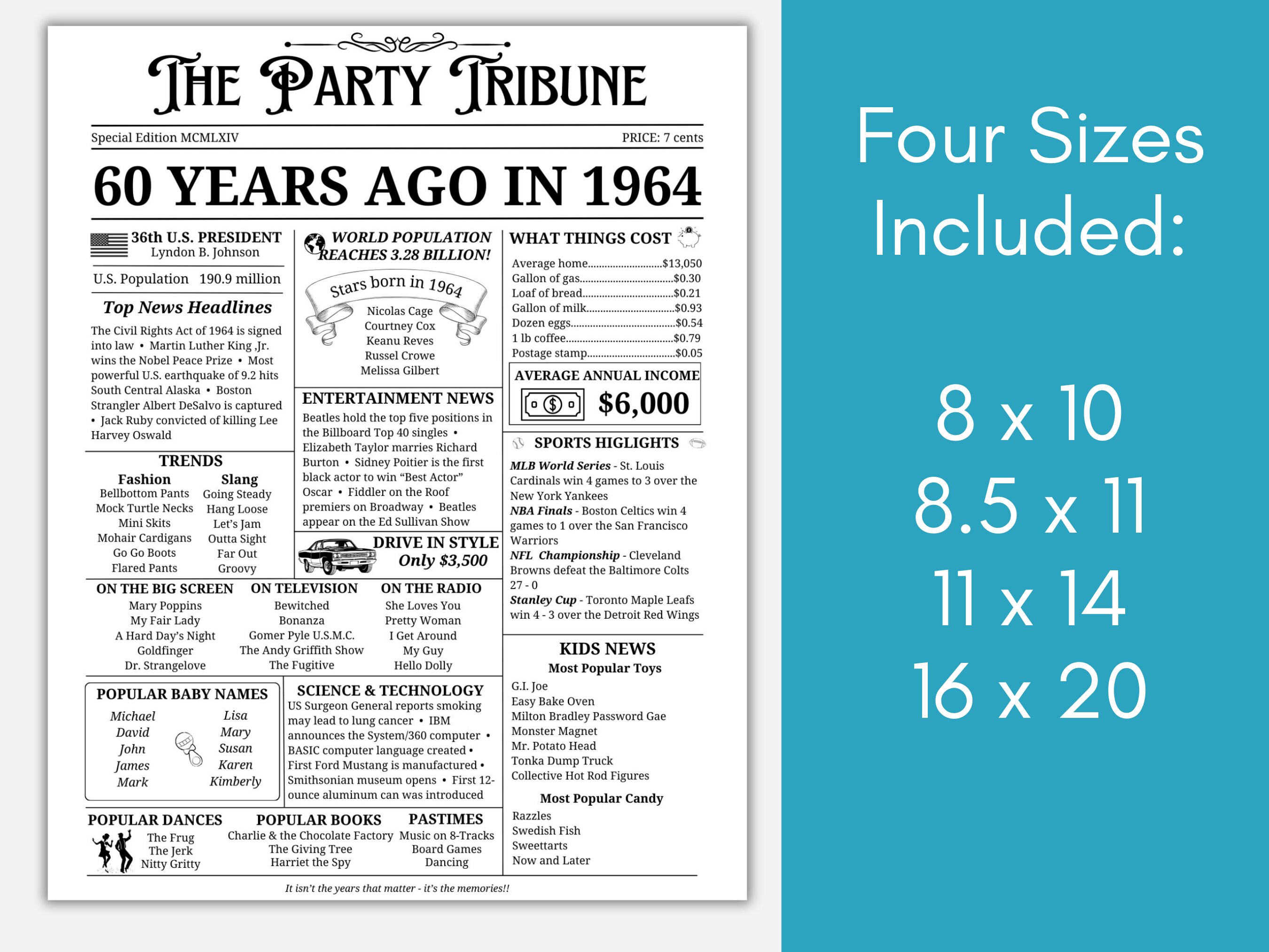 1964 Birthday Poster, 60th Birthday Newspaper, 1964 Newspaper Sign ...