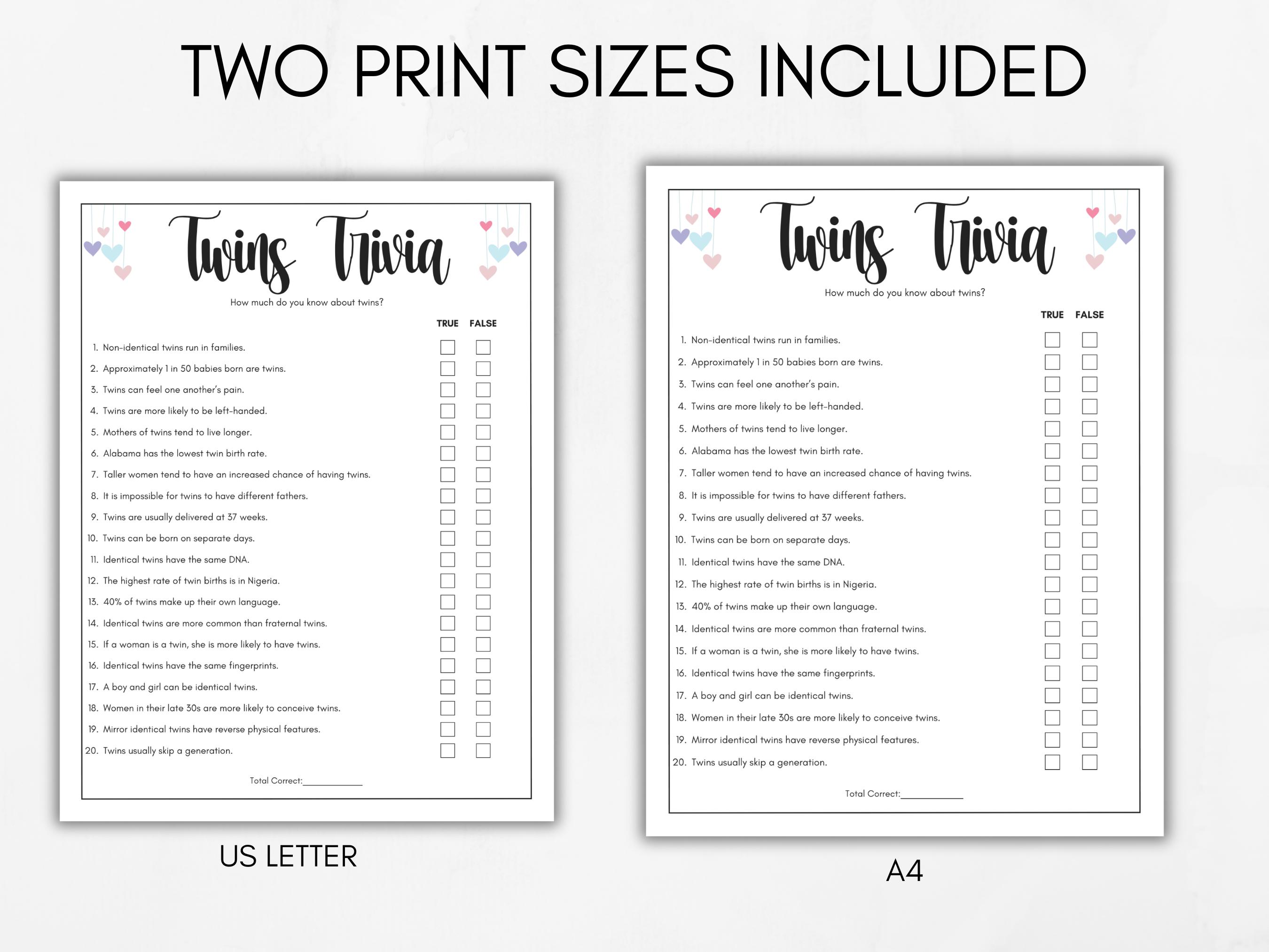 Twins Trivia Game, Twin Baby Shower Game, True False Baby Shower Game ...