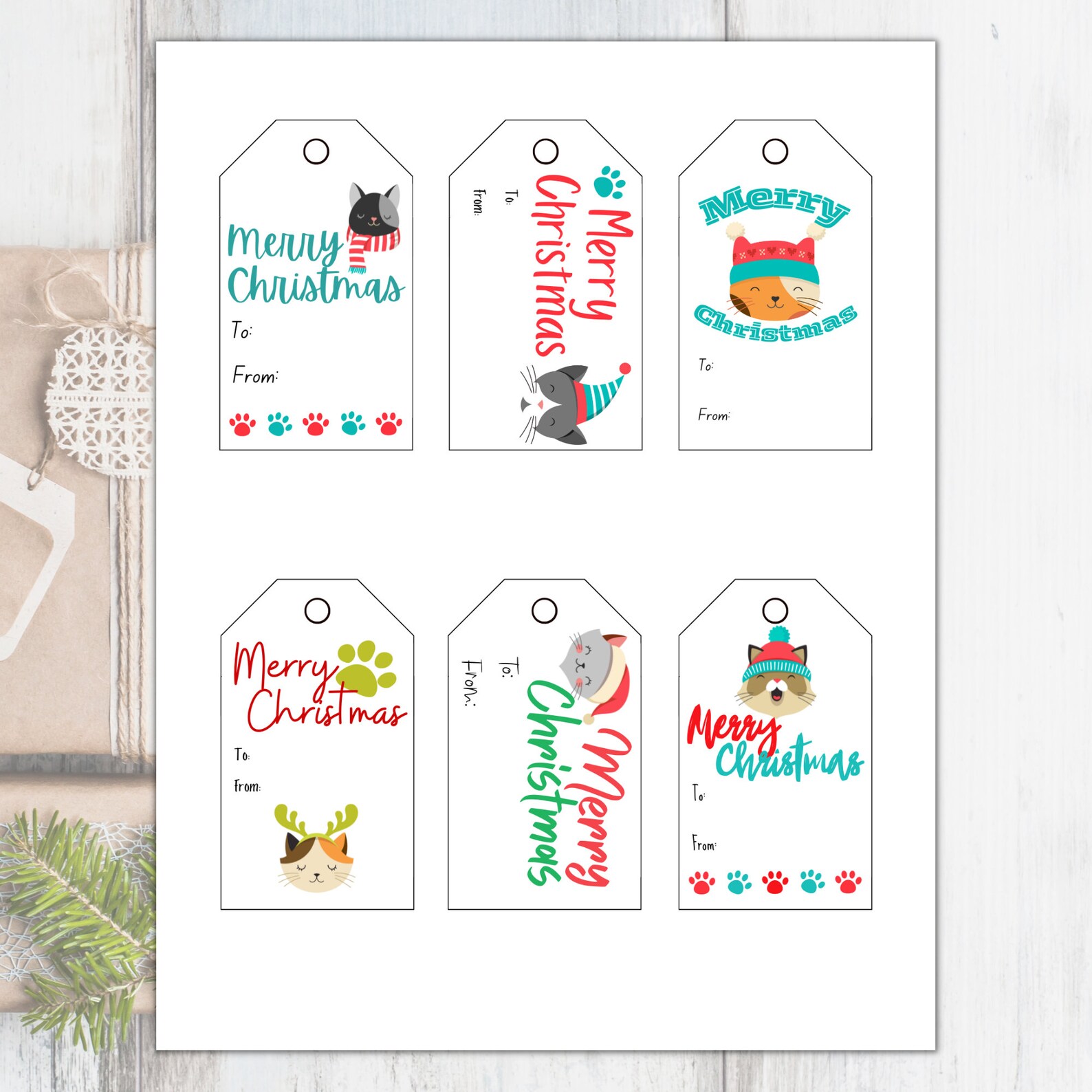 Printable Christmas Cat Gift Tags, Kitty Cat Gift Tags, Cat Lover Gift ...
