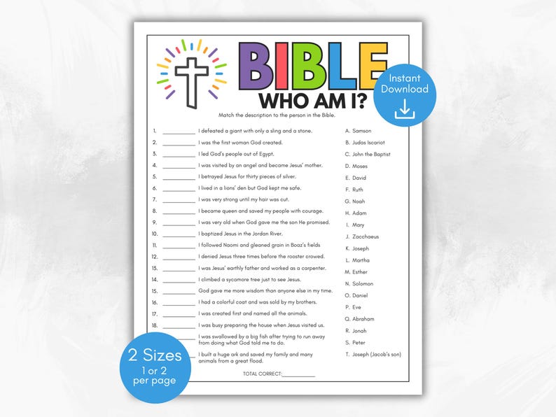Bible Who Am I Match Up, Bible Games for Kids, Youth Group Activity ...