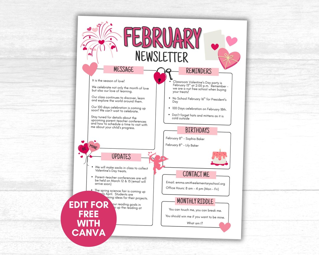 February Classroom Newsletter Template, Valentine's Day Classroom ...