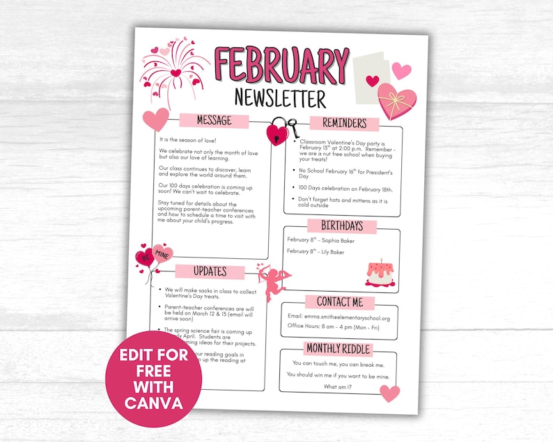 February Classroom Newsletter Template, Valentine's Day Classroom ...