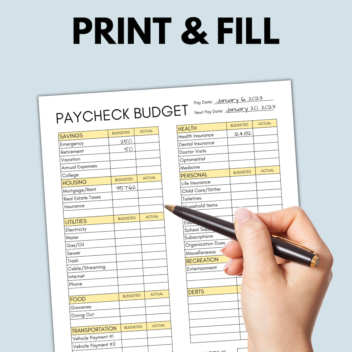Paycheck Budget Printable, Budget by Paycheck, Family Budget, Budget ...