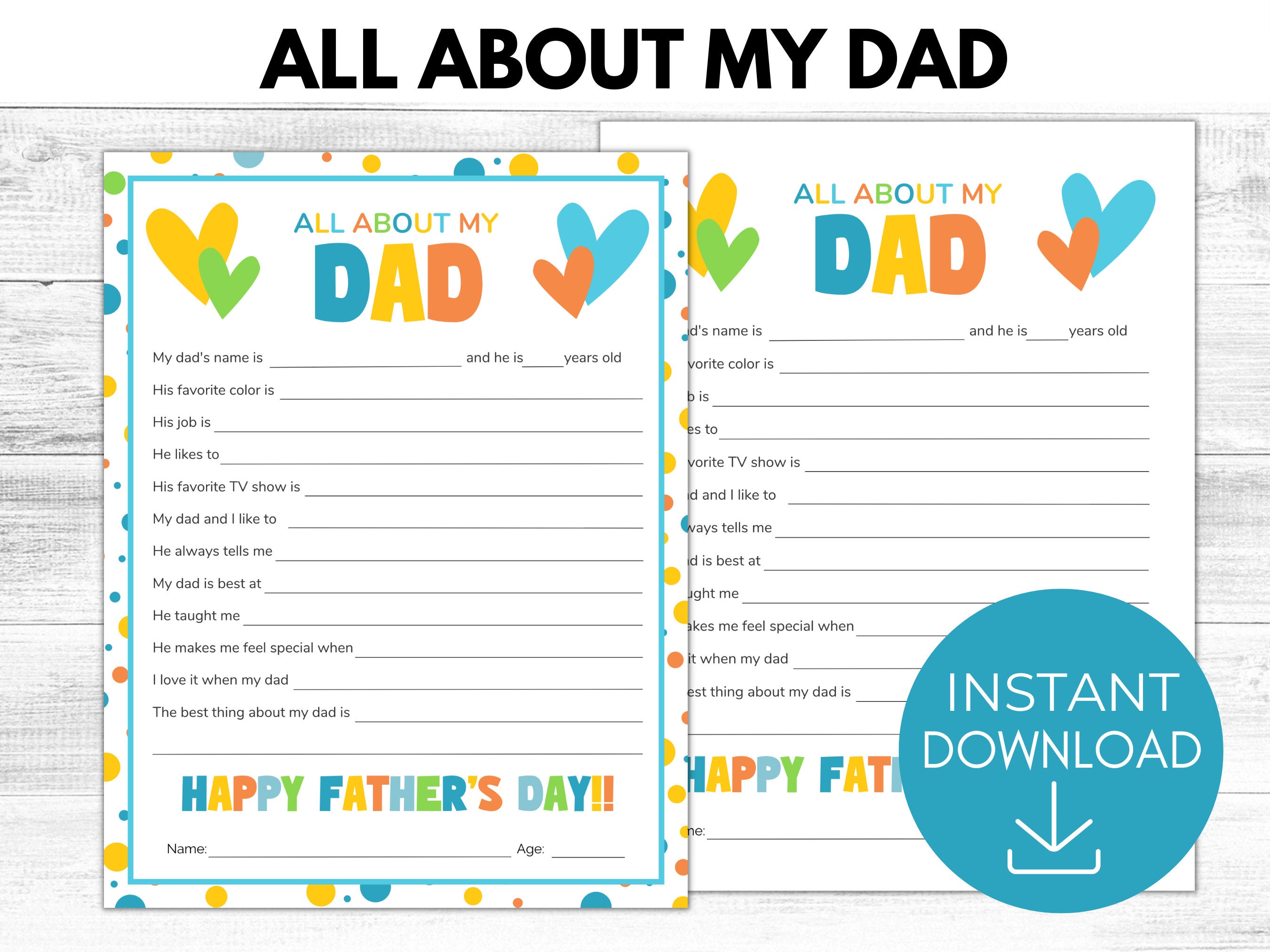 All About My Dad Printable, Father's Day Gift, All About Dad Keepsake ...